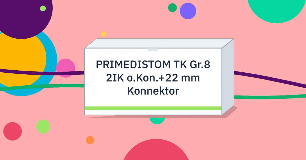 Symbolbild: Packung mit der Aufschrift PRIMEDISTOM TK Gr.8 2IK o.Kon.+22 mm Konnektor (PZN 10229873) – Verfügbarkeit und Bezug in Apotheken in Frankfurt am Main
