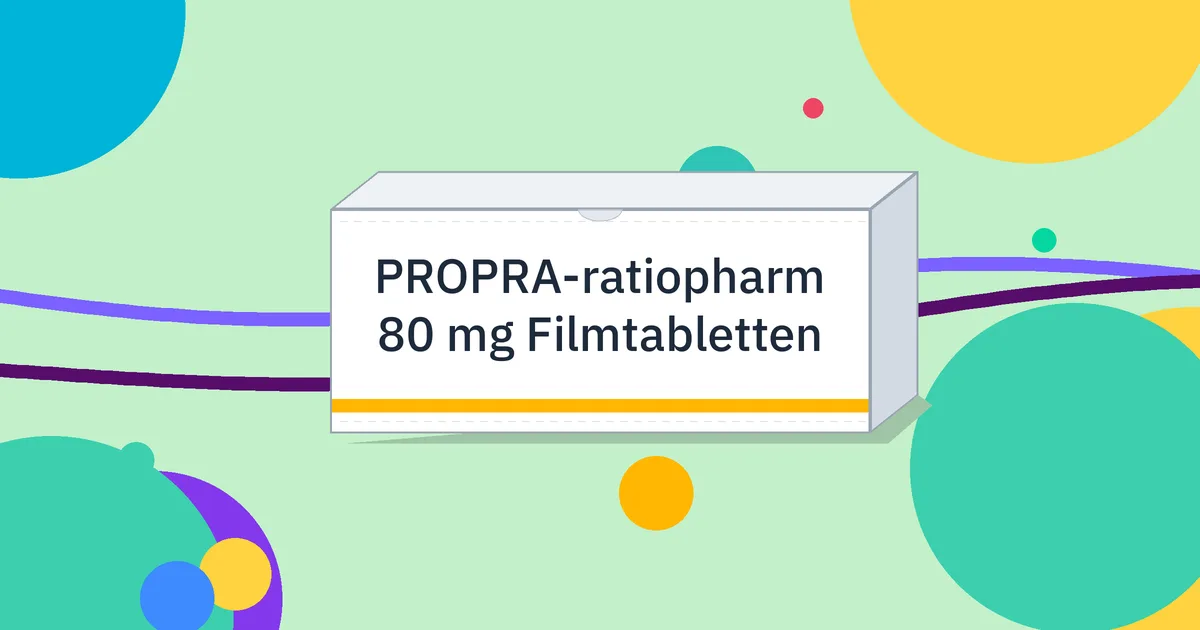 Symbolbild: Packung mit der Aufschrift PROPRA-ratiopharm 80 mg Filmtabletten (PZN 02424454) – Verfügbarkeit und Bezug in Apotheken in Frankfurt am Main