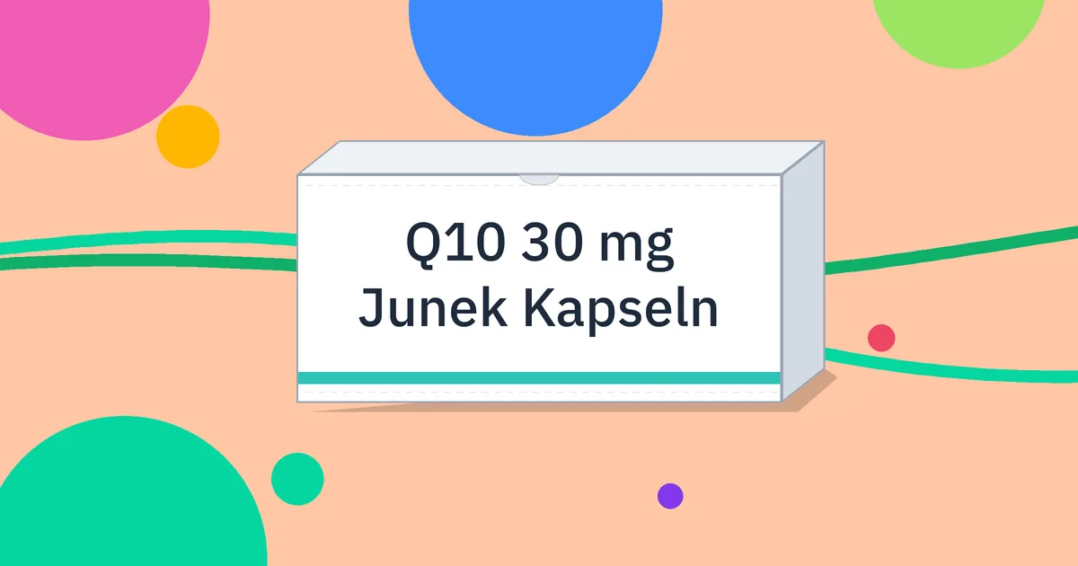 Symbolbild: Packung mit der Aufschrift Q10 30 mg Junek Kapseln (PZN 09720380) – Verfügbarkeit und Bezug in Apotheken in Frankfurt am Main