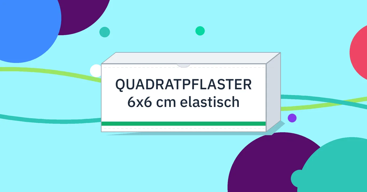 Symbolbild: Packung mit der Aufschrift QUADRATPFLASTER 6x6 cm elastisch (PZN 07624324) – Verfügbarkeit und Bezug in Apotheken in Frankfurt am Main