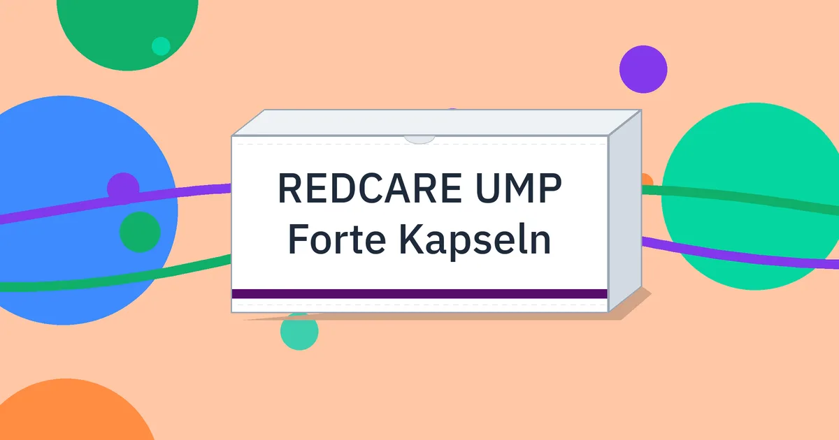 Symbolbild: Packung mit der Aufschrift REDCARE UMP Forte Kapseln (PZN 19525722) – Verfügbarkeit und Bezug in Apotheken in Frankfurt am Main
