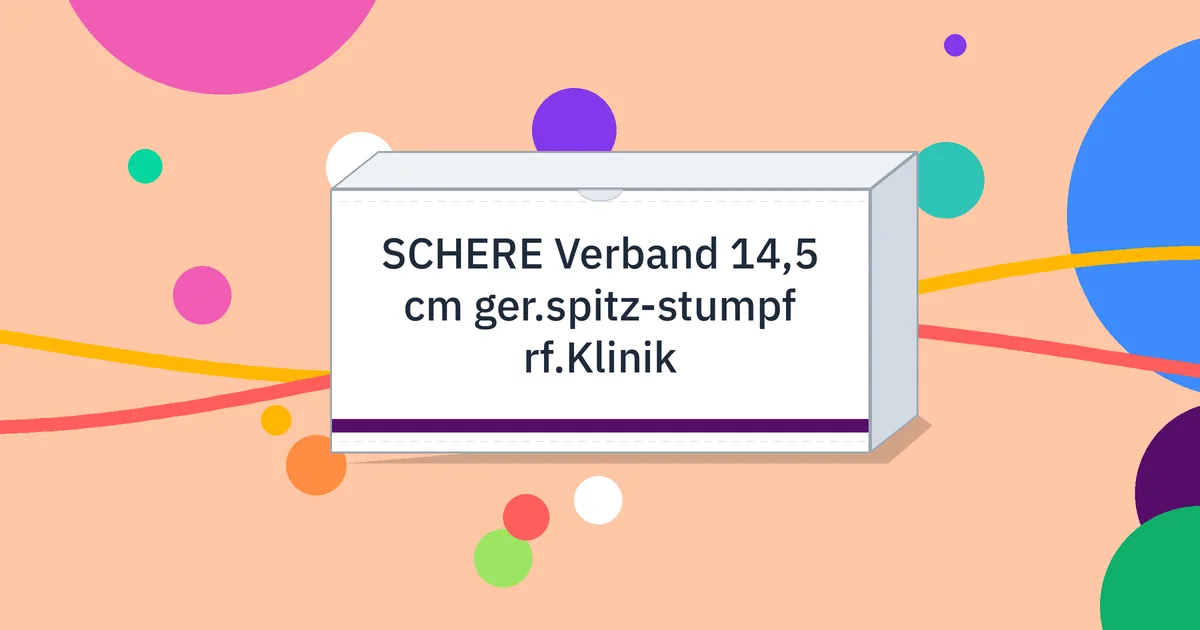 Symbolbild: Packung mit der Aufschrift SCHERE Verband 14,5 cm ger.spitz-stumpf rf.Klinik (PZN 19507641) – Verfügbarkeit und Bezug in Apotheken in Frankfurt am Main