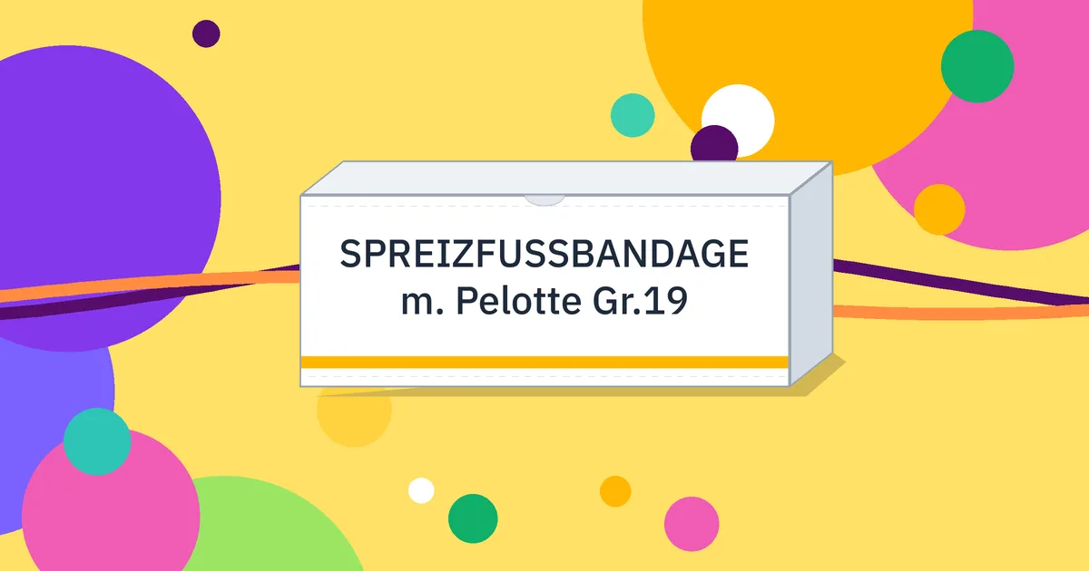 Symbolbild: Packung mit der Aufschrift SPREIZFUSSBANDAGE m. Pelotte Gr.19 (PZN 01736542) – Verfügbarkeit und Bezug in Apotheken in Frankfurt am Main
