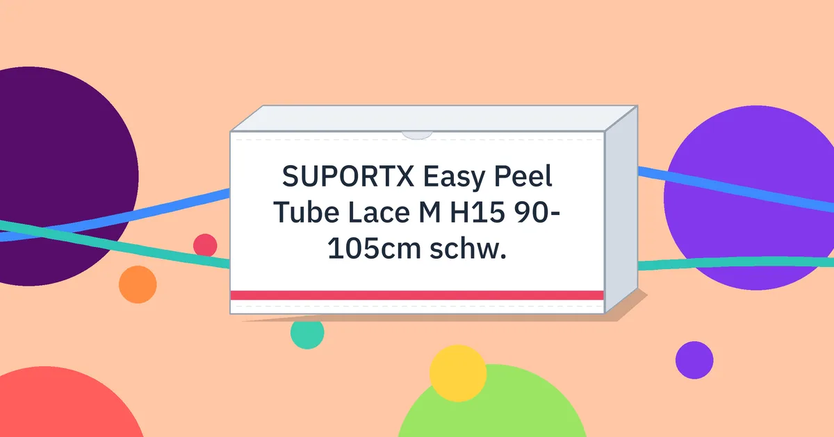 Symbolbild: Packung mit der Aufschrift SUPORTX Easy Peel Tube Lace M H15 90-105cm schw. (PZN 09486926) – Verfügbarkeit und Bezug in Apotheken in Frankfurt am Main