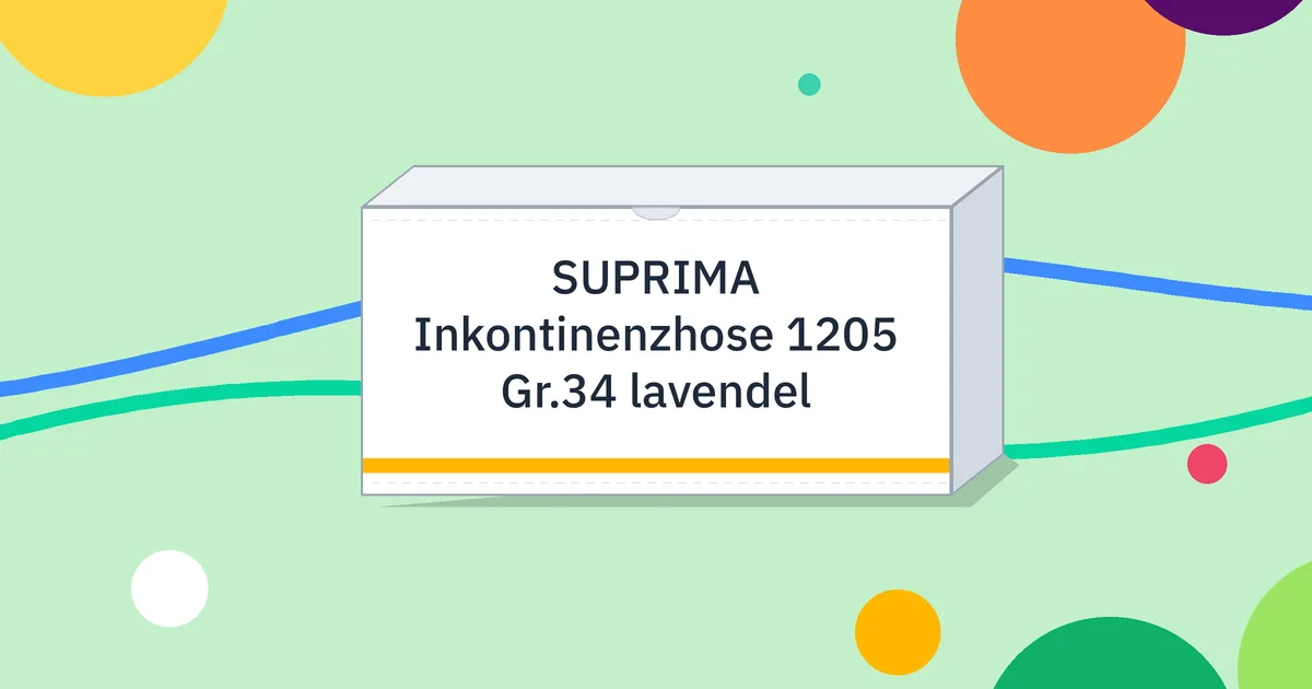 Symbolbild: Packung mit der Aufschrift SUPRIMA Inkontinenzhose 1205 Gr.34 lavendel (PZN 01634161) – Verfügbarkeit und Bezug in Apotheken in Frankfurt am Main