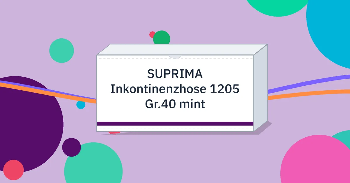 Symbolbild: Packung mit der Aufschrift SUPRIMA Inkontinenzhose 1205 Gr.40 mint (PZN 07631436) – Verfügbarkeit und Bezug in Apotheken in Frankfurt am Main
