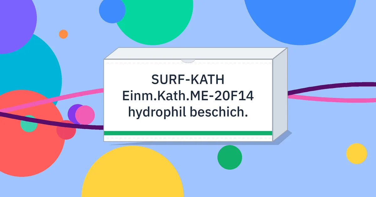 Symbolbild: Packung mit der Aufschrift SURF-KATH Einm.Kath.ME-20F14 hydrophil beschich. (PZN 05549587) – Verfügbarkeit und Bezug in Apotheken in Frankfurt am Main