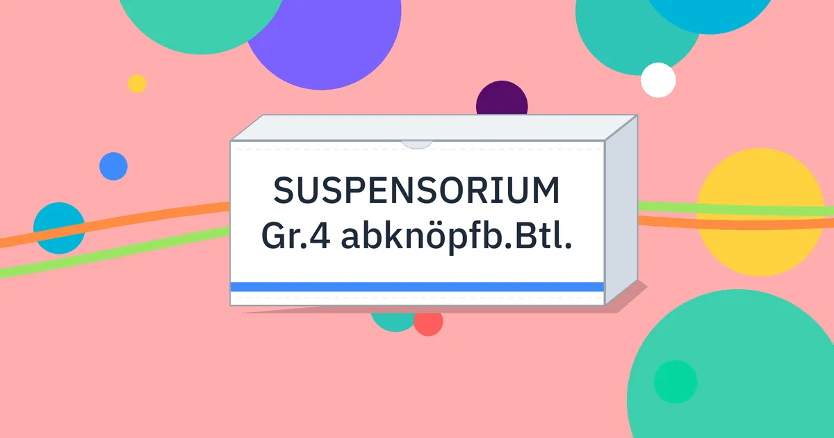 Symbolbild: Packung mit der Aufschrift SUSPENSORIUM Gr.4 abknöpfb.Btl. (PZN 04865429) – Verfügbarkeit und Bezug in Apotheken in Frankfurt am Main
