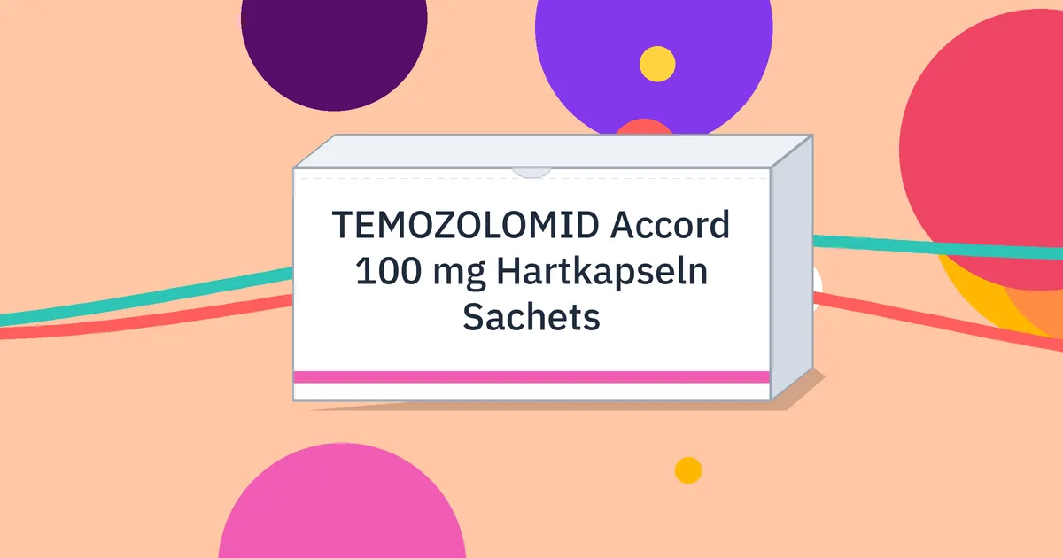 Symbolbild: Packung mit der Aufschrift TEMOZOLOMID Accord 100 mg Hartkapseln Sachets (PZN 19422057) – Verfügbarkeit und Bezug in Apotheken in Frankfurt am Main
