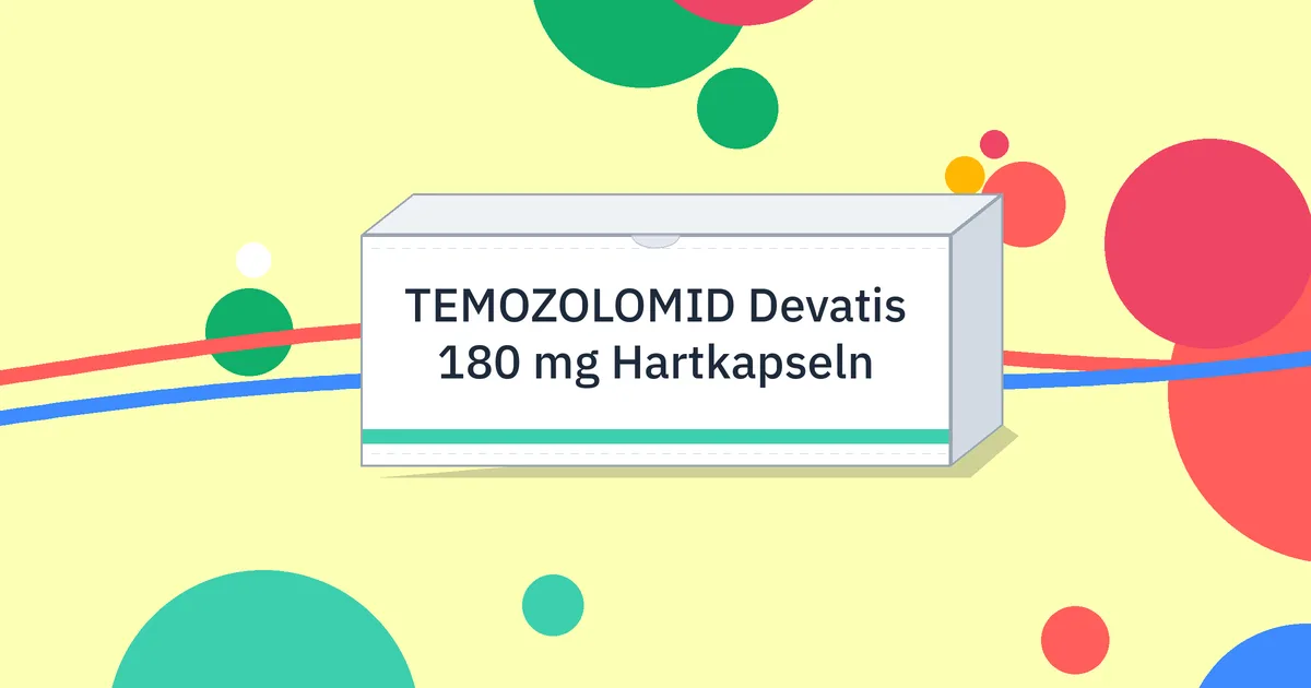 Symbolbild: Packung mit der Aufschrift TEMOZOLOMID Devatis 180 mg Hartkapseln (PZN 17983461) – Verfügbarkeit und Bezug in Apotheken in Frankfurt am Main
