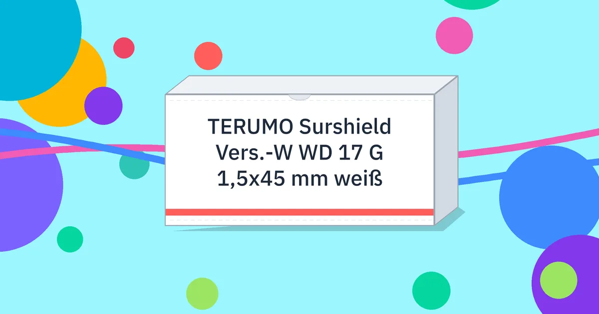 Symbolbild: Packung mit der Aufschrift TERUMO Surshield Vers.-W WD 17 G 1,5x45 mm weiß (PZN 17630716) – Verfügbarkeit und Bezug in Apotheken in Frankfurt am Main