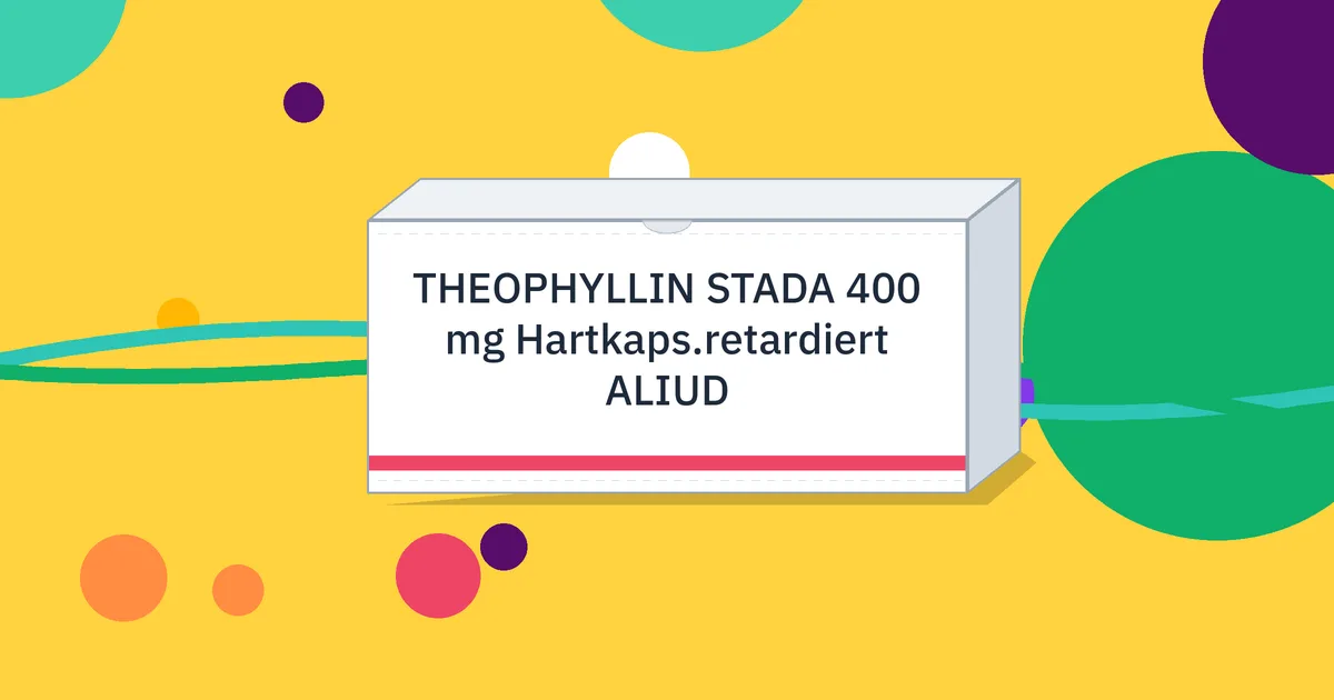 Symbolbild: Packung mit der Aufschrift THEOPHYLLIN STADA 400 mg Hartkaps.retardiert ALIUD (PZN 11240836) – Verfügbarkeit und Bezug in Apotheken in Frankfurt am Main