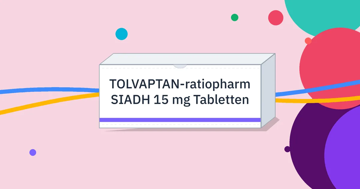 Symbolbild: Packung mit der Aufschrift TOLVAPTAN-ratiopharm SIADH 15 mg Tabletten (PZN 20650941) – Verfügbarkeit und Bezug in Apotheken in Frankfurt am Main