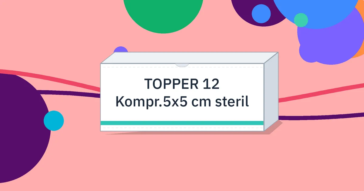 Symbolbild: Packung mit der Aufschrift TOPPER 12 Kompr.5x5 cm steril (PZN 03306975) – Verfügbarkeit und Bezug in Apotheken in Frankfurt am Main
