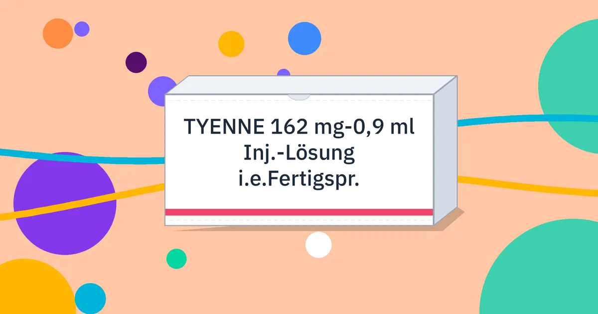 Symbolbild: Packung mit der Aufschrift TYENNE 162 mg-0,9 ml Inj.-Lösung i.e.Fertigspr. (PZN 19400400) – Verfügbarkeit und Bezug in Apotheken in Frankfurt am Main