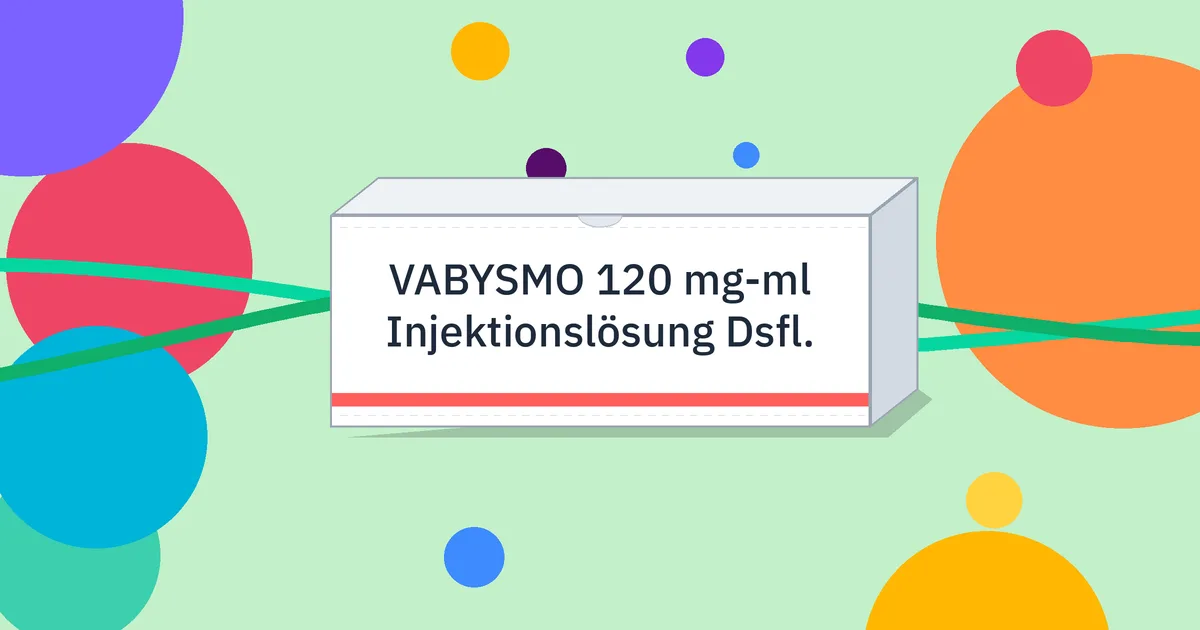 Symbolbild: Packung mit der Aufschrift VABYSMO 120 mg-ml Injektionslösung Dsfl. (PZN 19129848) – Verfügbarkeit und Bezug in Apotheken in Frankfurt am Main