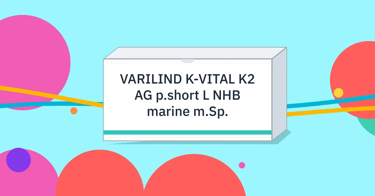Symbolbild: Packung mit der Aufschrift VARILIND K-VITAL K2 AG p.short L NHB marine m.Sp. (PZN 20564733) – Verfügbarkeit und Bezug in Apotheken in Frankfurt am Main