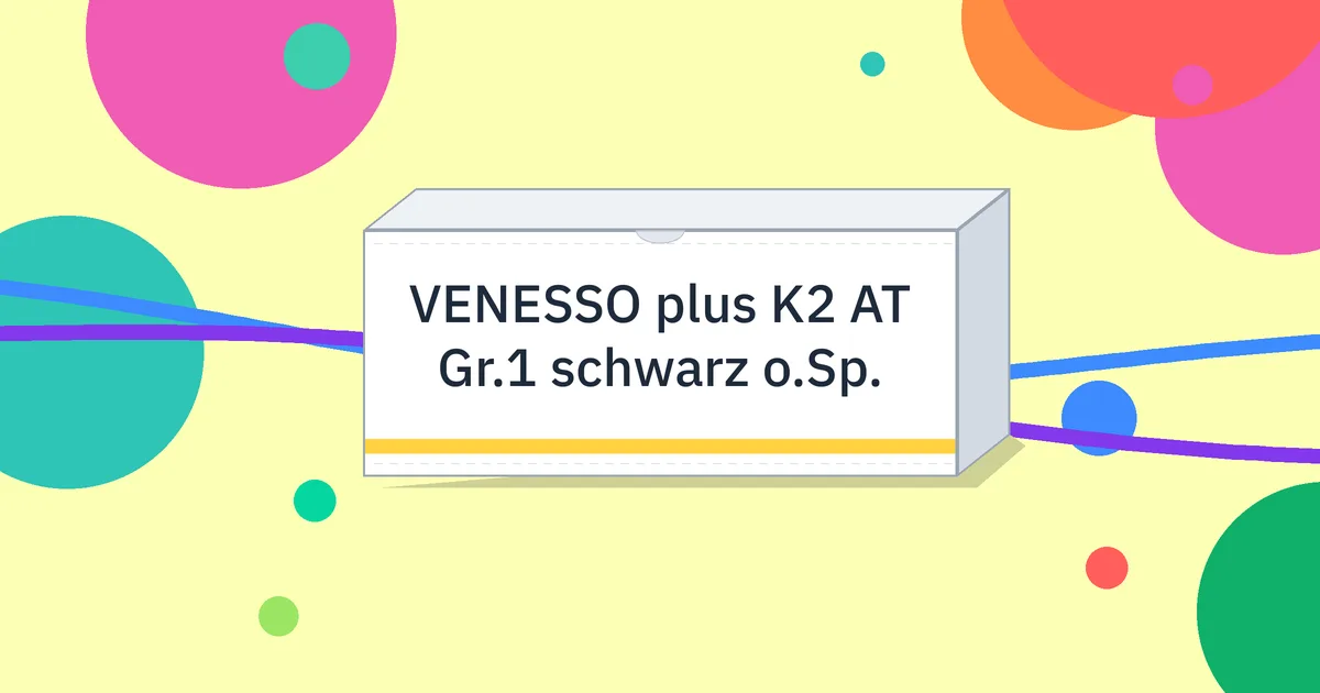 Symbolbild: Packung mit der Aufschrift VENESSO plus K2 AT Gr.1 schwarz o.Sp. (PZN 03288757) – Verfügbarkeit und Bezug in Apotheken in Frankfurt am Main