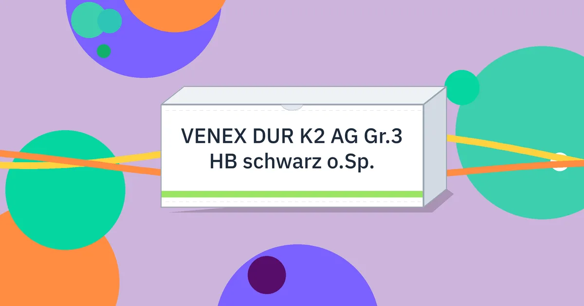 Symbolbild: Packung mit der Aufschrift VENEX DUR K2 AG Gr.3 HB schwarz o.Sp. (PZN 03221380) – Verfügbarkeit und Bezug in Apotheken in Frankfurt am Main