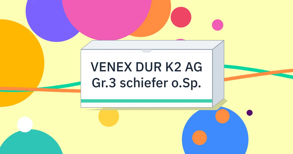 Symbolbild: Packung mit der Aufschrift VENEX DUR K2 AG Gr.3 schiefer o.Sp. (PZN 03217007) – Verfügbarkeit und Bezug in Apotheken in Frankfurt am Main