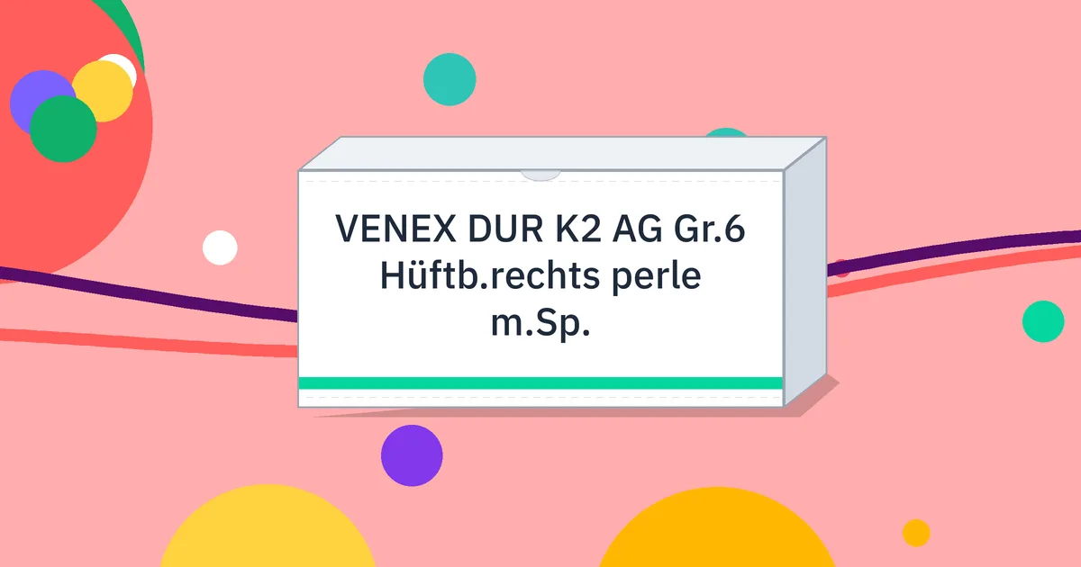 Symbolbild: Packung mit der Aufschrift VENEX DUR K2 AG Gr.6 Hüftb.rechts perle m.Sp. (PZN 03228554) – Verfügbarkeit und Bezug in Apotheken in Frankfurt am Main