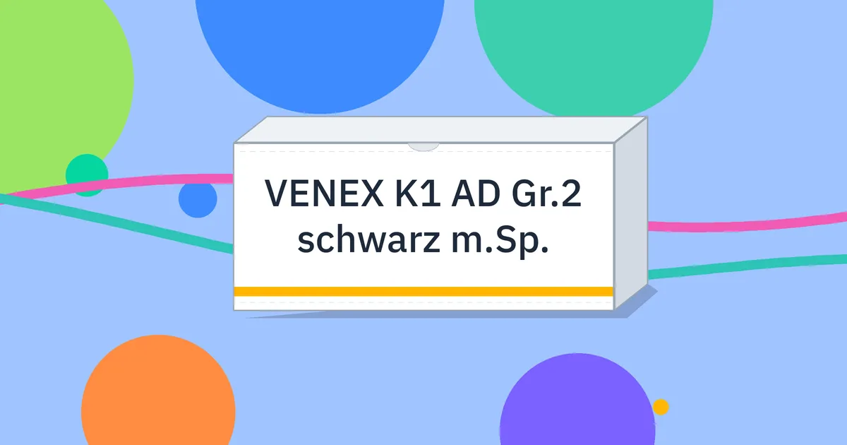 Symbolbild: Packung mit der Aufschrift VENEX K1 AD Gr.2 schwarz m.Sp. (PZN 03184288) – Verfügbarkeit und Bezug in Apotheken in Frankfurt am Main