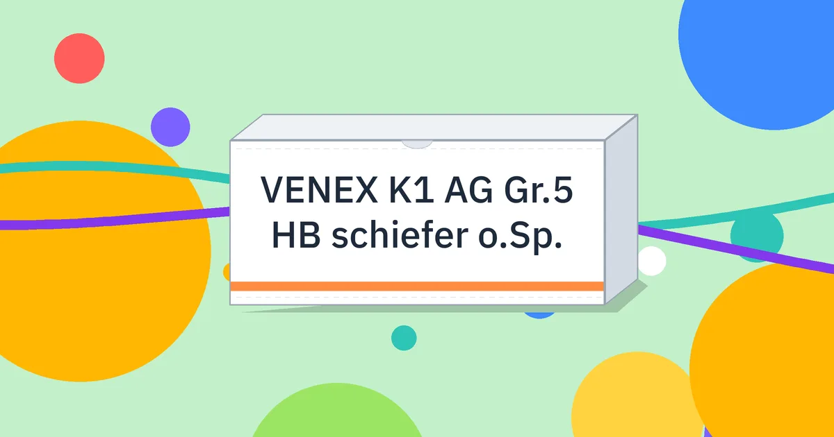 Symbolbild: Packung mit der Aufschrift VENEX K1 AG Gr.5 HB schiefer o.Sp. (PZN 03194039) – Verfügbarkeit und Bezug in Apotheken in Frankfurt am Main