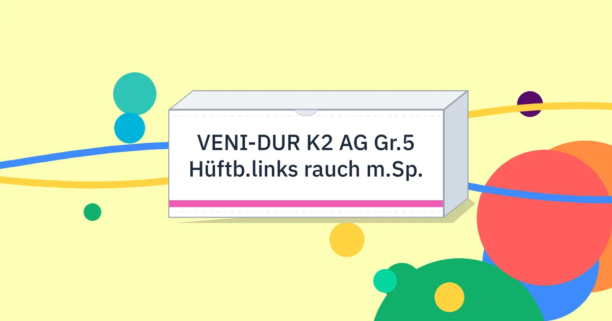 Symbolbild: Packung mit der Aufschrift VENI-DUR K2 AG Gr.5 Hüftb.links rauch m.Sp. (PZN 03248798) – Verfügbarkeit und Bezug in Apotheken in Frankfurt am Main