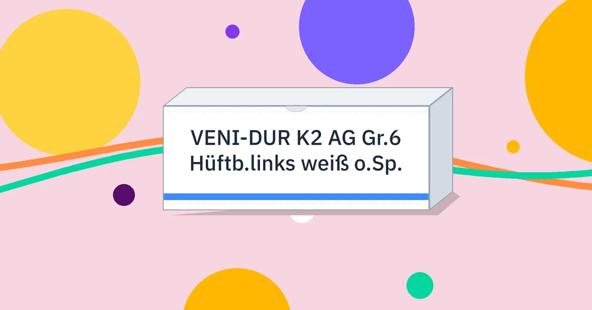 Symbolbild: Packung mit der Aufschrift VENI-DUR K2 AG Gr.6 Hüftb.links weiß o.Sp. (PZN 03254617) – Verfügbarkeit und Bezug in Apotheken in Frankfurt am Main