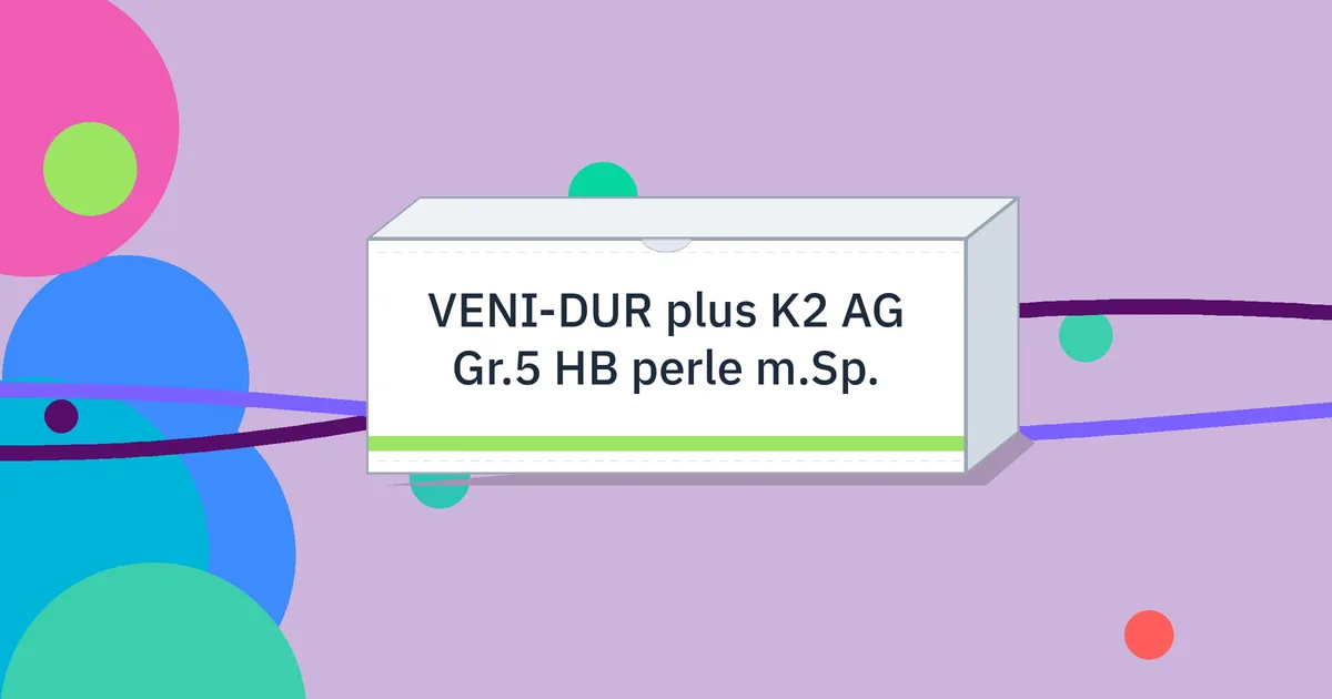 Symbolbild: Packung mit der Aufschrift VENI-DUR plus K2 AG Gr.5 HB perle m.Sp. (PZN 03254830) – Verfügbarkeit und Bezug in Apotheken in Frankfurt am Main