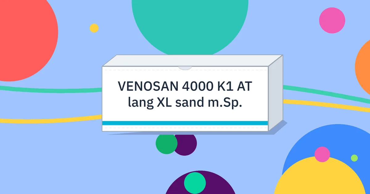 Symbolbild: Packung mit der Aufschrift VENOSAN 4000 K1 AT lang XL sand m.Sp. (PZN 14421946) – Verfügbarkeit und Bezug in Apotheken in Frankfurt am Main