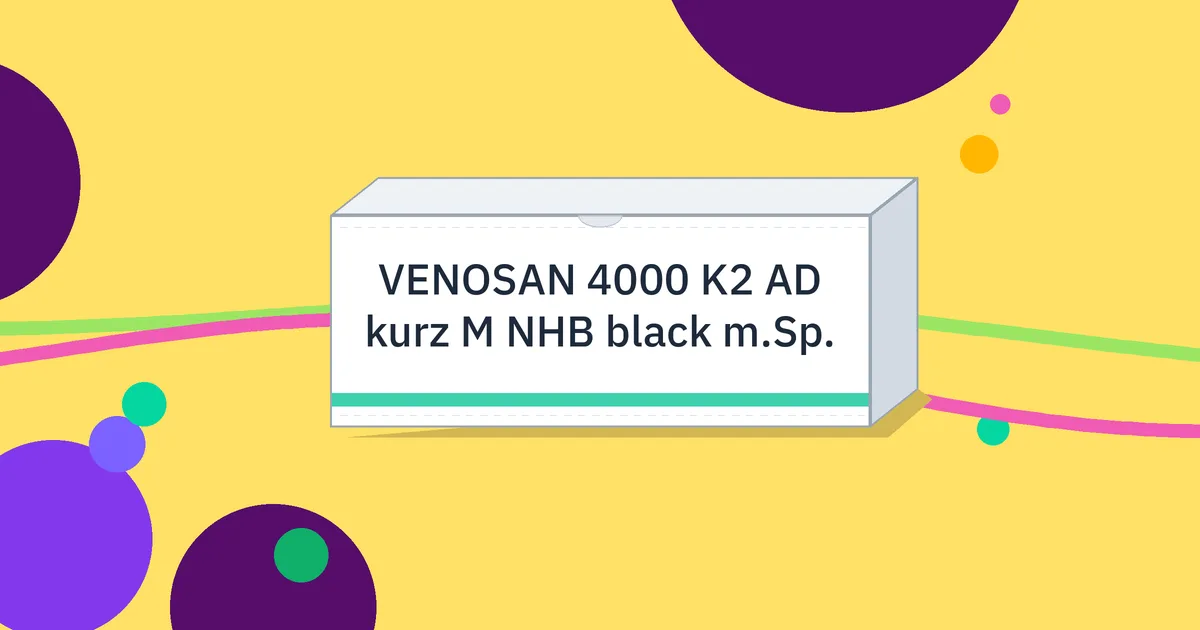 Symbolbild: Packung mit der Aufschrift VENOSAN 4000 K2 AD kurz M NHB black m.Sp. (PZN 14427475) – Verfügbarkeit und Bezug in Apotheken in Frankfurt am Main