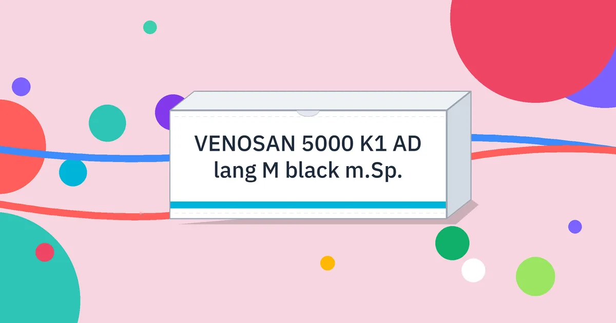 Symbolbild: Packung mit der Aufschrift VENOSAN 5000 K1 AD lang M black m.Sp. (PZN 14432430) – Verfügbarkeit und Bezug in Apotheken in Frankfurt am Main