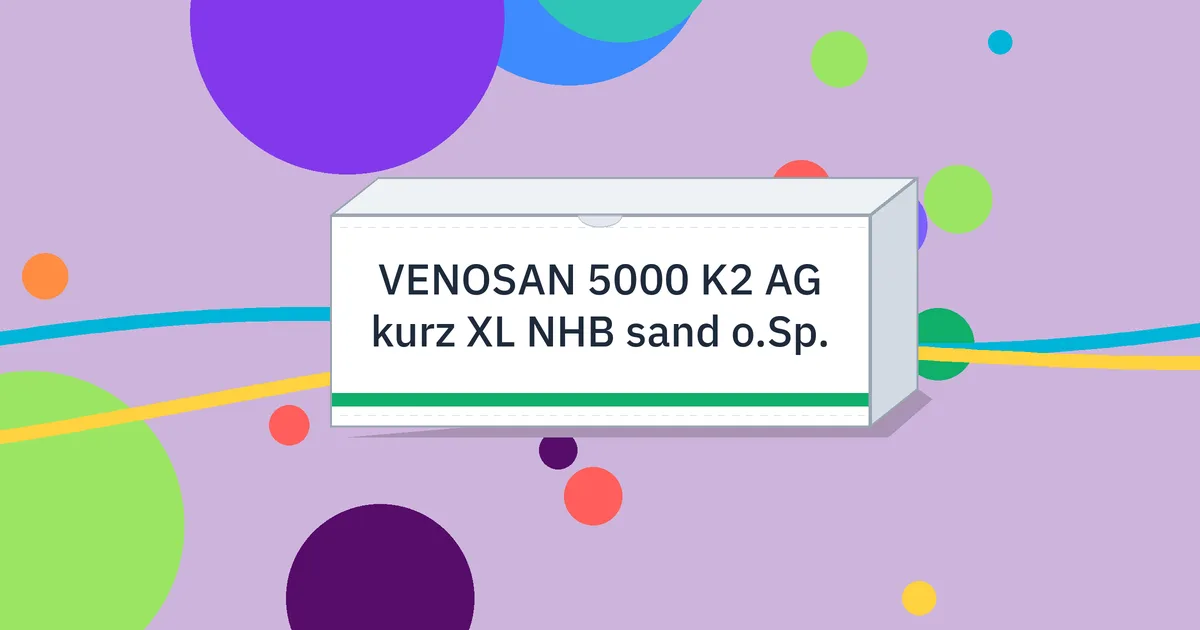 Symbolbild: Packung mit der Aufschrift VENOSAN 5000 K2 AG kurz XL NHB sand o.Sp. (PZN 14428983) – Verfügbarkeit und Bezug in Apotheken in Frankfurt am Main