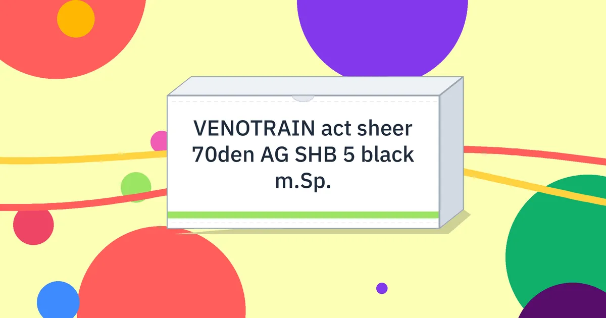 Symbolbild: Packung mit der Aufschrift VENOTRAIN act sheer 70den AG SHB 5 black m.Sp. (PZN 16208085) – Verfügbarkeit und Bezug in Apotheken in Frankfurt am Main