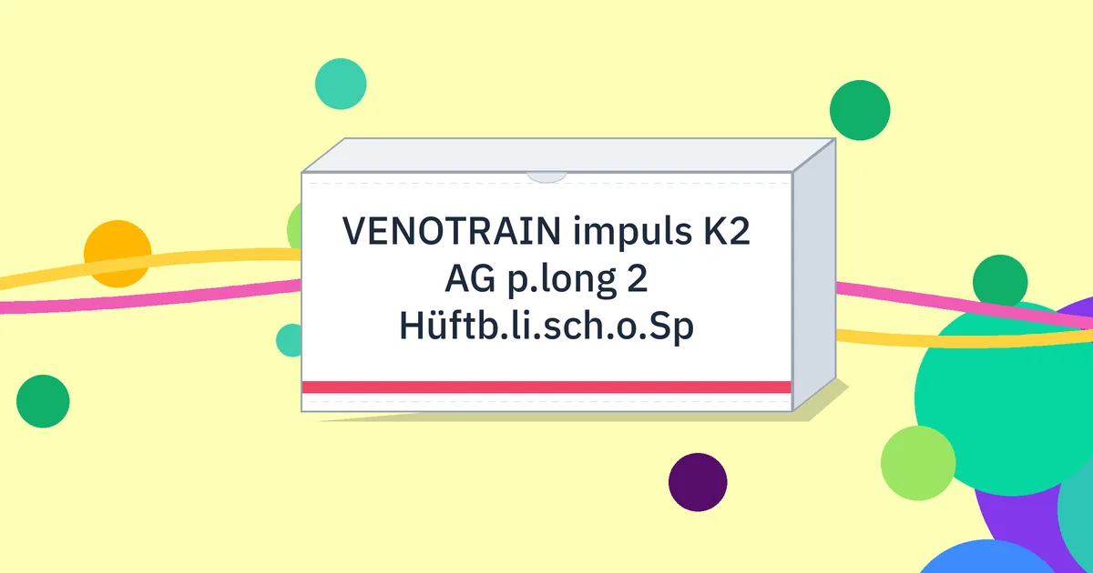 Symbolbild: Packung mit der Aufschrift VENOTRAIN impuls K2 AG p.long 2 Hüftb.li.sch.o.Sp (PZN 10295195) – Verfügbarkeit und Bezug in Apotheken in Frankfurt am Main