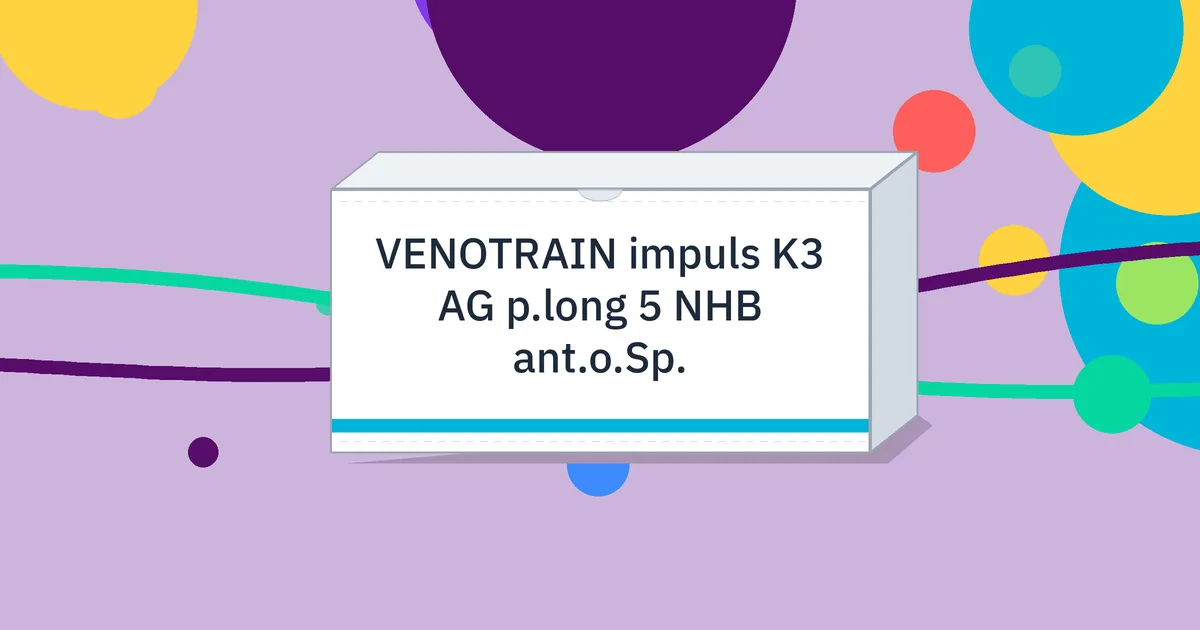 Symbolbild: Packung mit der Aufschrift VENOTRAIN impuls K3 AG p.long 5 NHB ant.o.Sp. (PZN 15216355) – Verfügbarkeit und Bezug in Apotheken in Frankfurt am Main