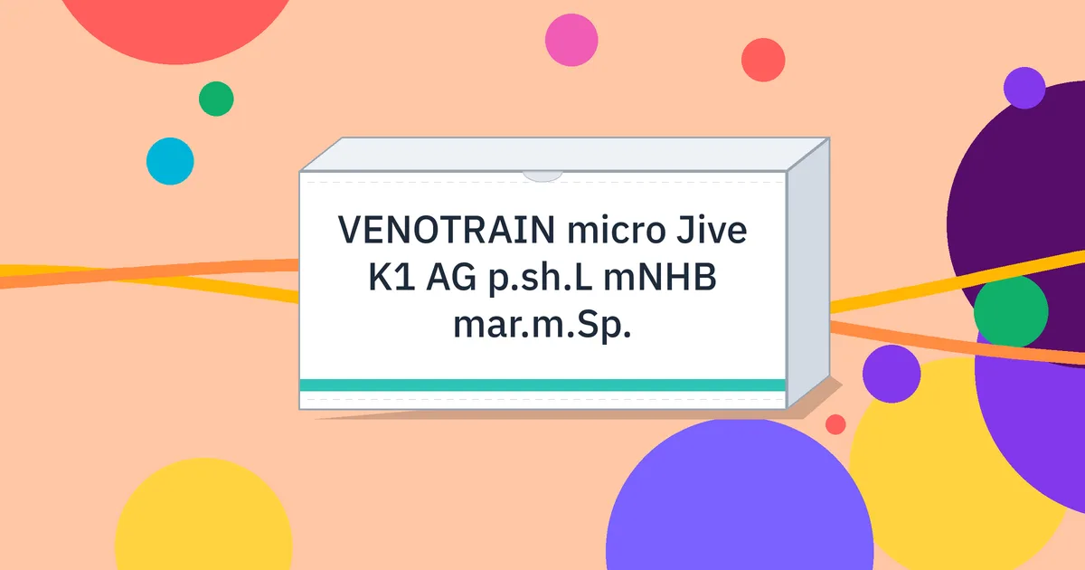 Symbolbild: Packung mit der Aufschrift VENOTRAIN micro Jive K1 AG p.sh.L mNHB mar.m.Sp. (PZN 17761884) – Verfügbarkeit und Bezug in Apotheken in Frankfurt am Main