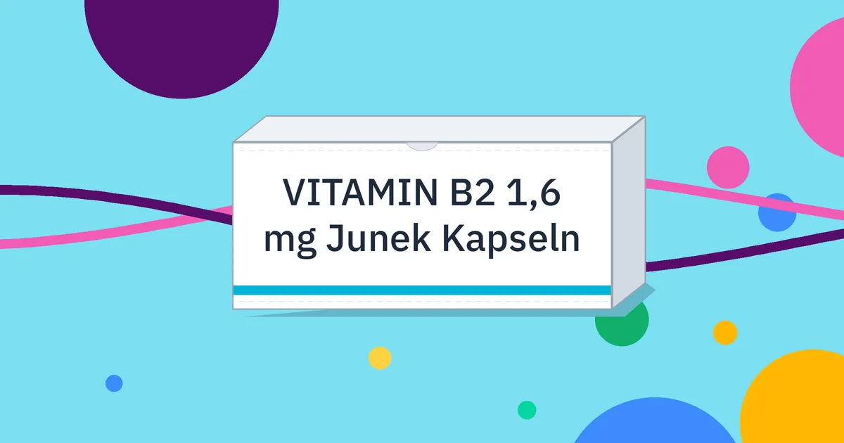 Symbolbild: Packung mit der Aufschrift VITAMIN B2 1,6 mg Junek Kapseln (PZN 10052009) – Verfügbarkeit und Bezug in Apotheken in Frankfurt am Main