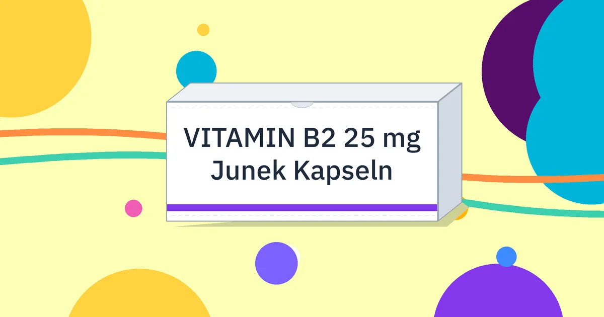 Symbolbild: Packung mit der Aufschrift VITAMIN B2 25 mg Junek Kapseln (PZN 16572170) – Verfügbarkeit und Bezug in Apotheken in Frankfurt am Main