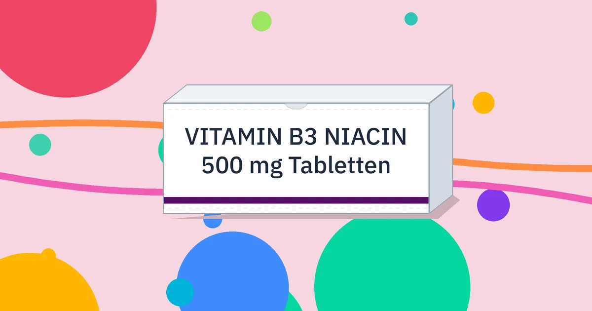 Symbolbild: Packung mit der Aufschrift VITAMIN B3 NIACIN 500 mg Tabletten (PZN 20652503) – Verfügbarkeit und Bezug in Apotheken in Frankfurt am Main