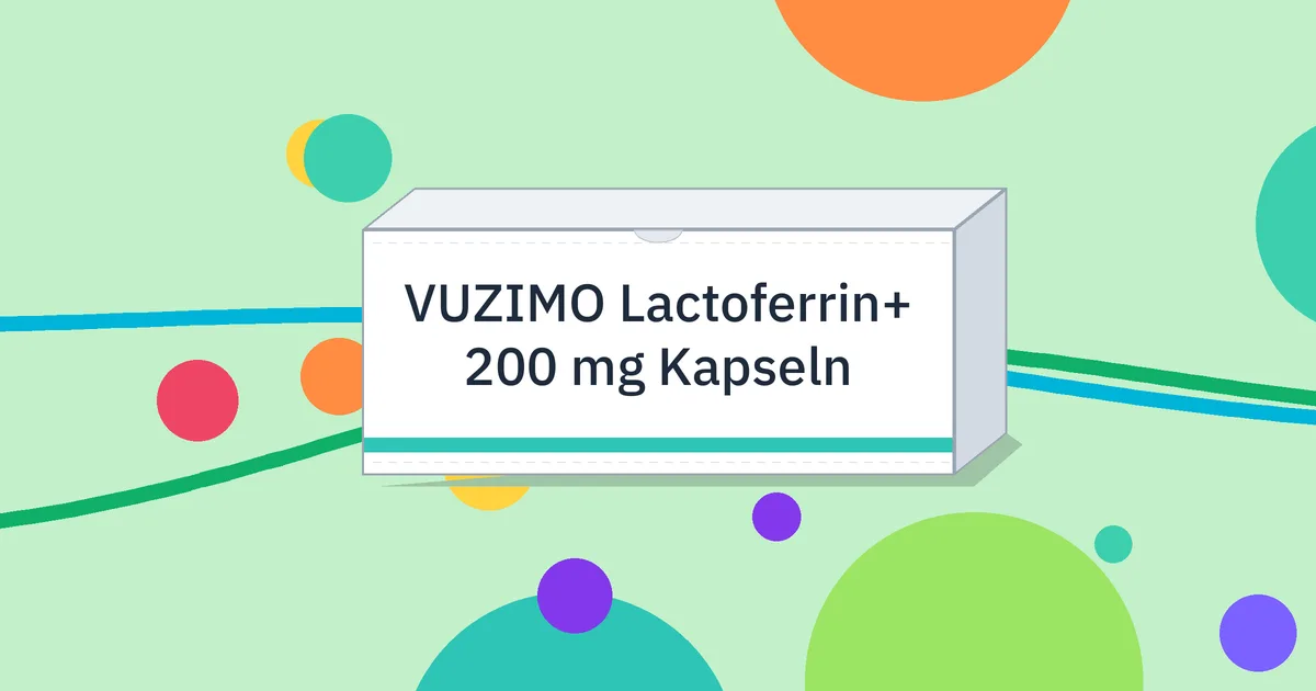 Symbolbild: Packung mit der Aufschrift VUZIMO Lactoferrin+ 200 mg Kapseln (PZN 20918697) – Verfügbarkeit und Bezug in Apotheken in Frankfurt am Main