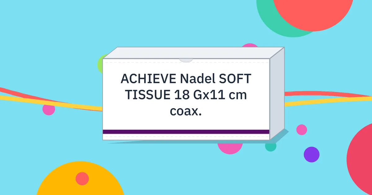 Symbolbild: Packung mit der Aufschrift ACHIEVE Nadel SOFT TISSUE 18 Gx11 cm coax. (PZN 18763684) – Verfügbarkeit und Bezug in Apotheken in Frankfurt am Main