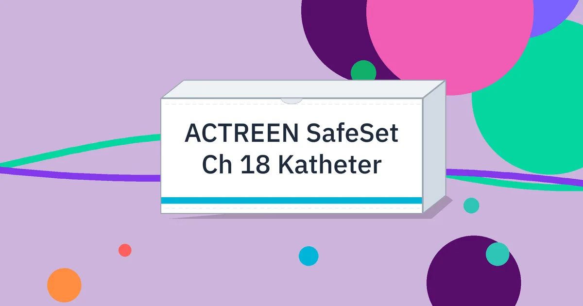 Symbolbild: Packung mit der Aufschrift ACTREEN SafeSet Ch 18 Katheter (PZN 06970099) – Verfügbarkeit und Bezug in Apotheken in Frankfurt am Main