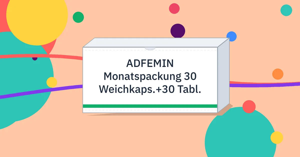 Symbolbild: Packung mit der Aufschrift ADFEMIN Monatspackung 30 Weichkaps.+30 Tabl. (PZN 17844216) – Verfügbarkeit und Bezug in Apotheken in Frankfurt am Main