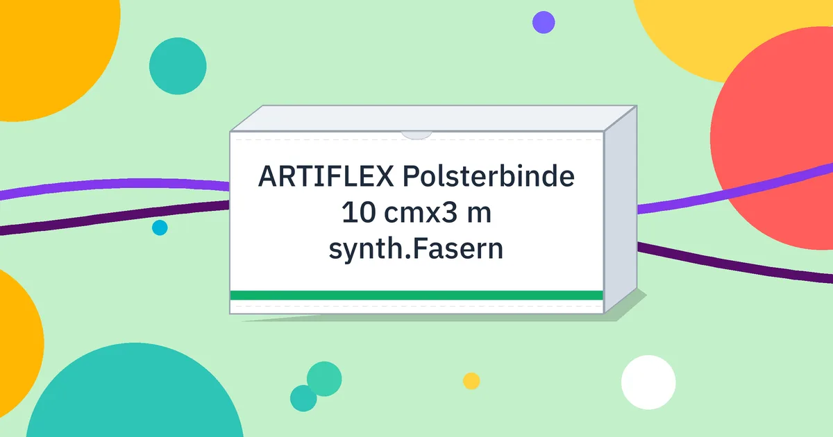 Symbolbild: Packung mit der Aufschrift ARTIFLEX Polsterbinde 10 cmx3 m synth.Fasern (PZN 04481321) – Verfügbarkeit und Bezug in Apotheken in Frankfurt am Main