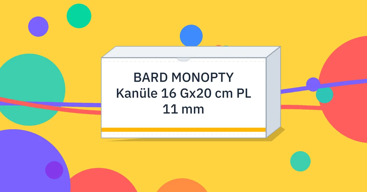 Symbolbild: Packung mit der Aufschrift BARD MONOPTY Kanüle 16 Gx20 cm PL 11 mm (PZN 07780633) – Verfügbarkeit und Bezug in Apotheken in Frankfurt am Main