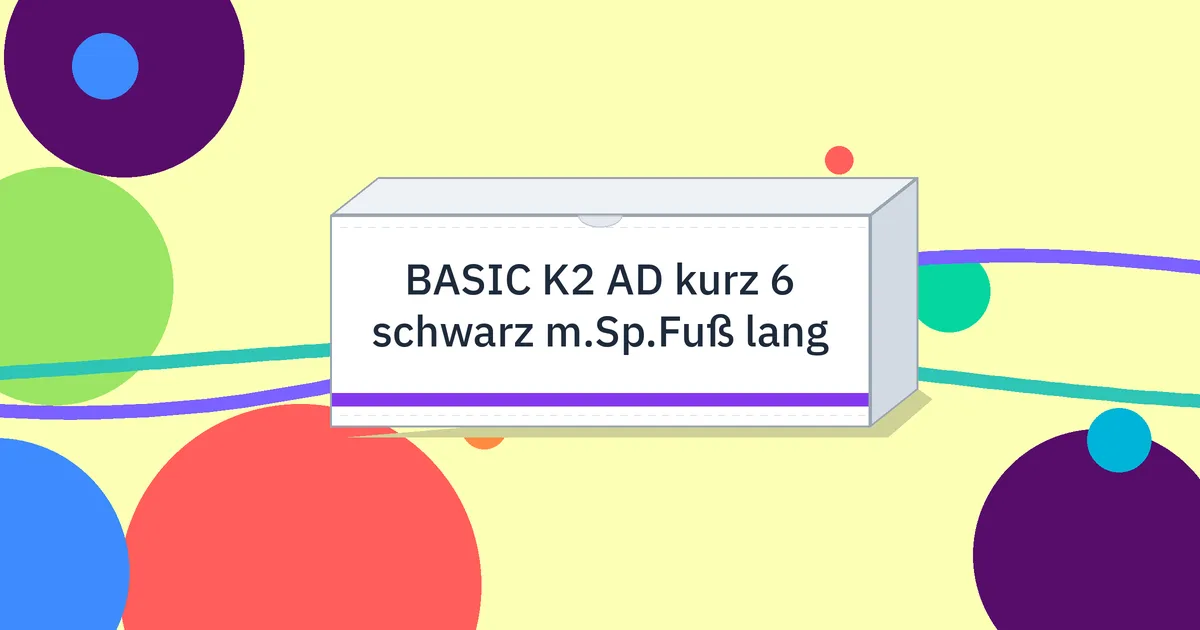 Symbolbild: Packung mit der Aufschrift BASIC K2 AD kurz 6 schwarz m.Sp.Fuß lang (PZN 20265634) – Verfügbarkeit und Bezug in Apotheken in Frankfurt am Main