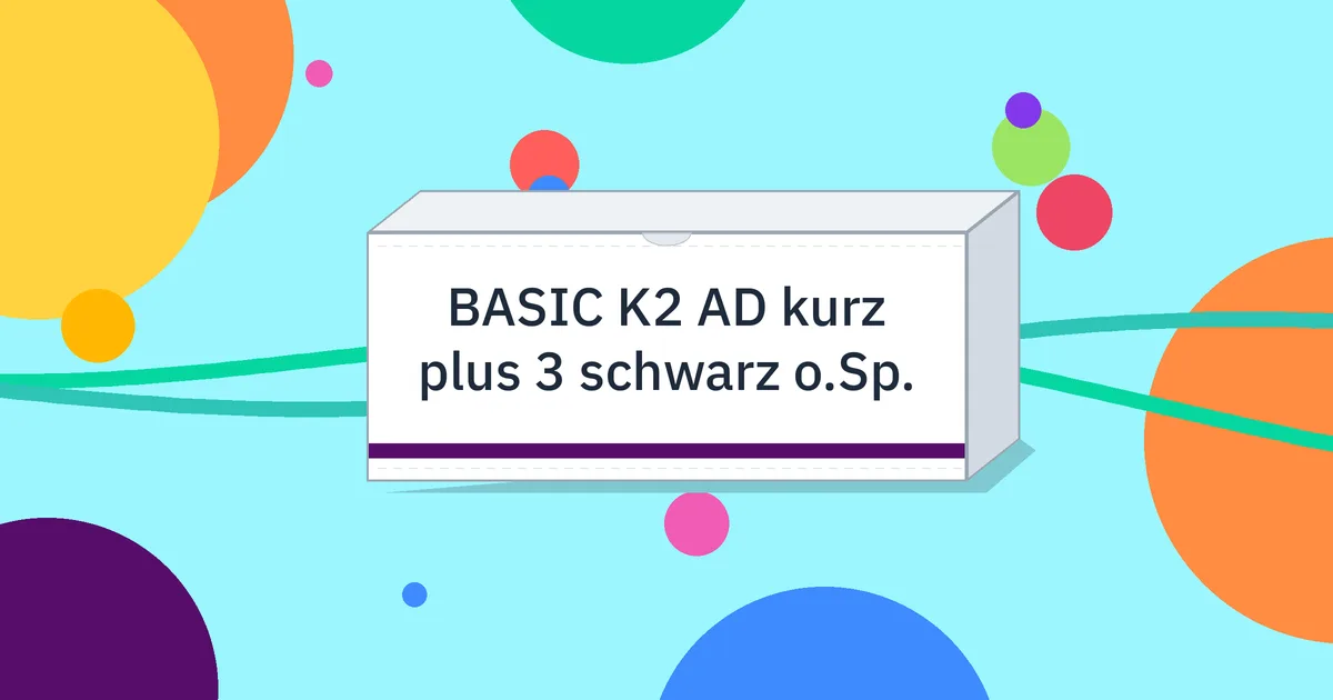 Symbolbild: Packung mit der Aufschrift BASIC K2 AD kurz plus 3 schwarz o.Sp. (PZN 20264362) – Verfügbarkeit und Bezug in Apotheken in Frankfurt am Main