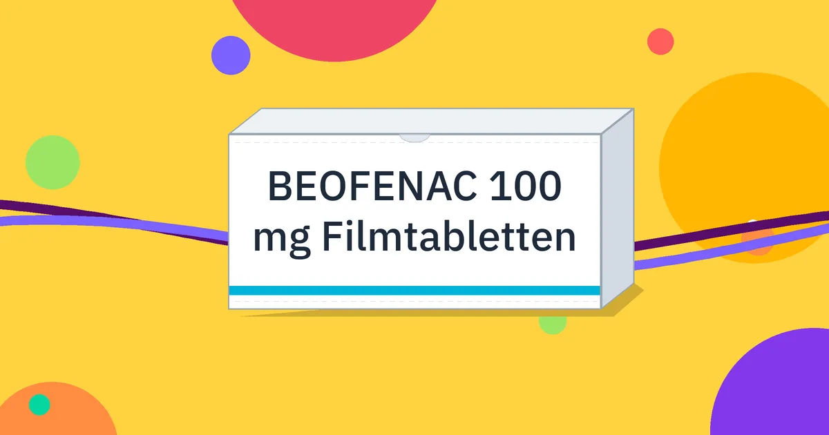 Symbolbild: Packung mit der Aufschrift BEOFENAC 100 mg Filmtabletten (PZN 08916827) – Verfügbarkeit und Bezug in Apotheken in Frankfurt am Main
